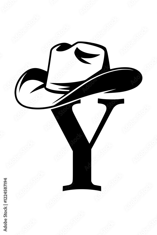 Letter Y with Cowboy Hat Western Theme, Black and white stylized ...