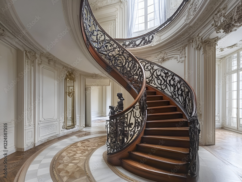 Grand Spiral Staircase: A sweeping, elegant spiral staircase with intricate wrought iron ...