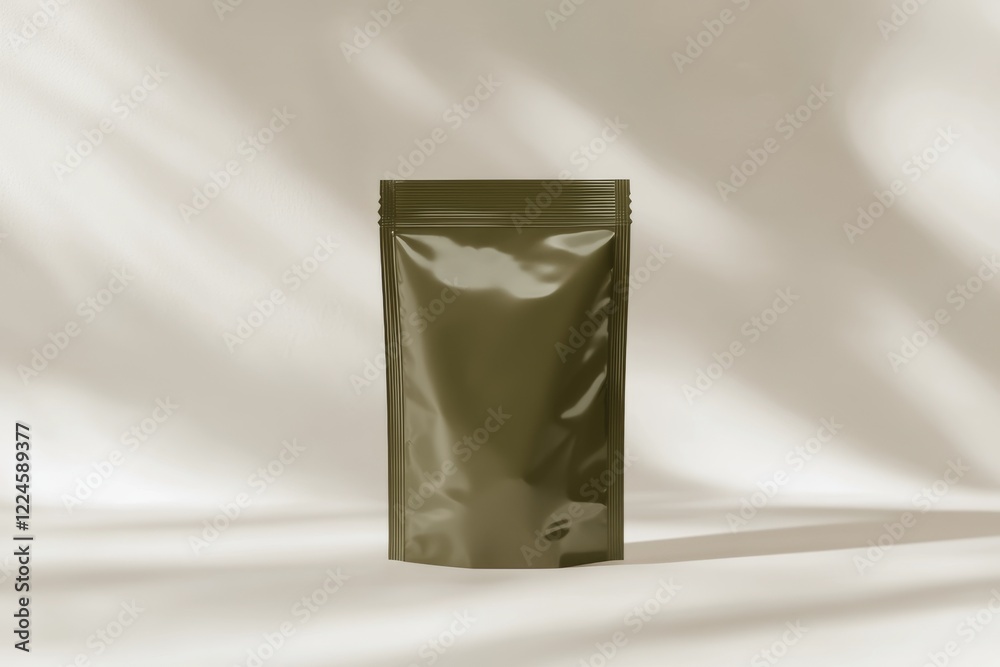 Mock up of one green foil zip bag on a mute green desk and wall ...