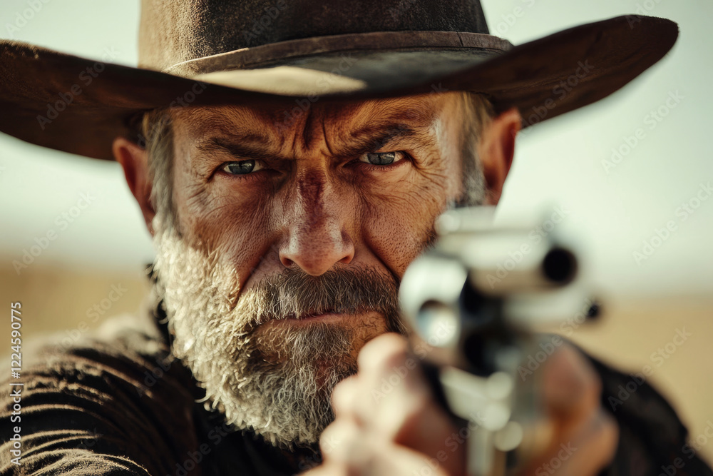 Mature cowboy holding gun with blurred desert background. Man in cowboy ...
