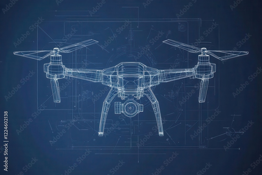 technical drone schematic detailed wireframe blueprint of quadcopter, precision line work ...
