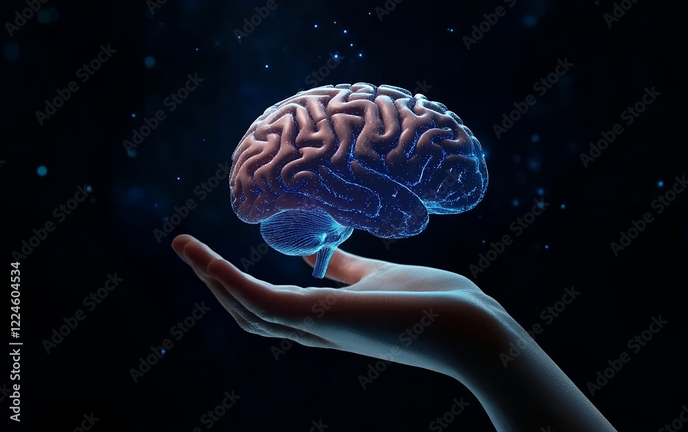 Human brain model with neural connections floating over a hand in a ...