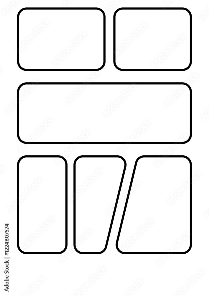 Blank manga storyboard template with six panels of various sizes and ...