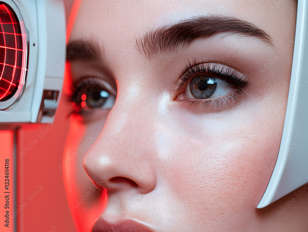 Close-up of a woman receiving a high-tech facial skin analysis using ...
