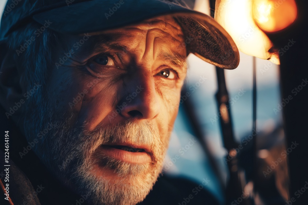 Portrait of a senior fisherman with a grey beard and cap, his face lit ...