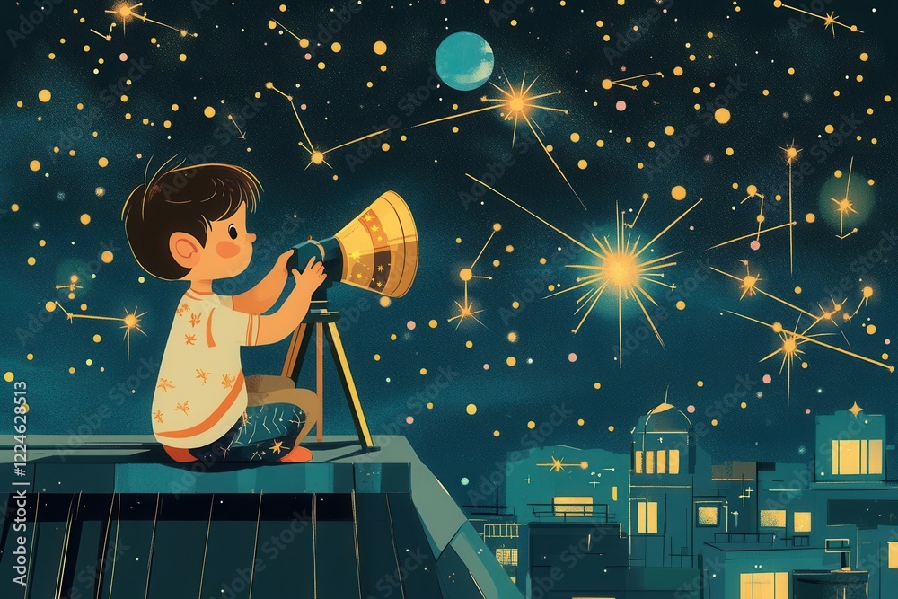 whimsical illustration of child stargazer on rooftop observatory ...