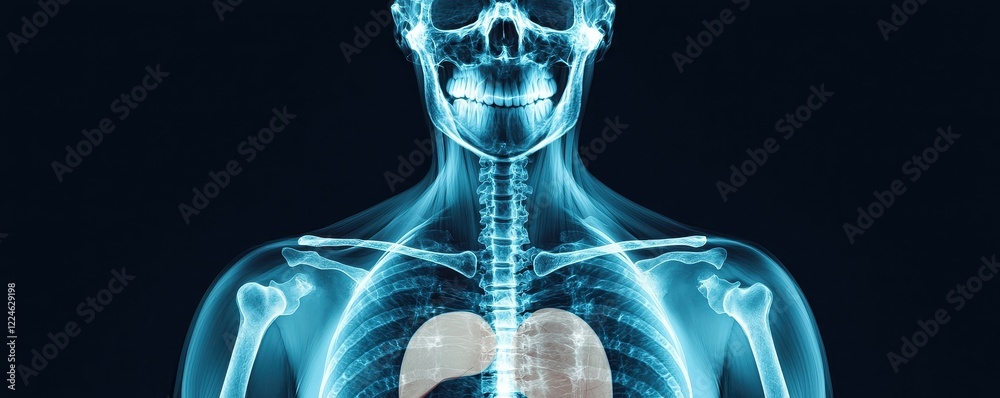 A detailed x-ray image showcasing a human skeleton and internal organs ...