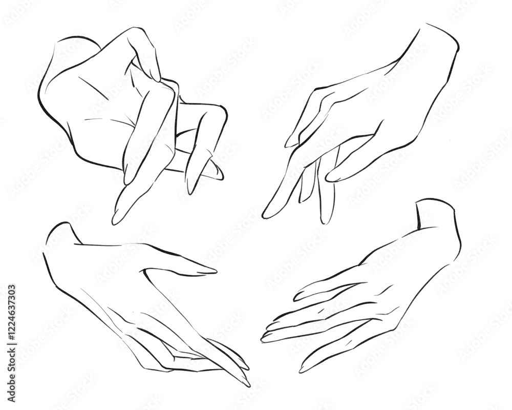 Sketch of the female hands. Girl model. Front and back view. You can ...