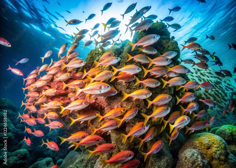 Fusilier Fish School Splitting Around Rock, Gulf Thailand - Long ...