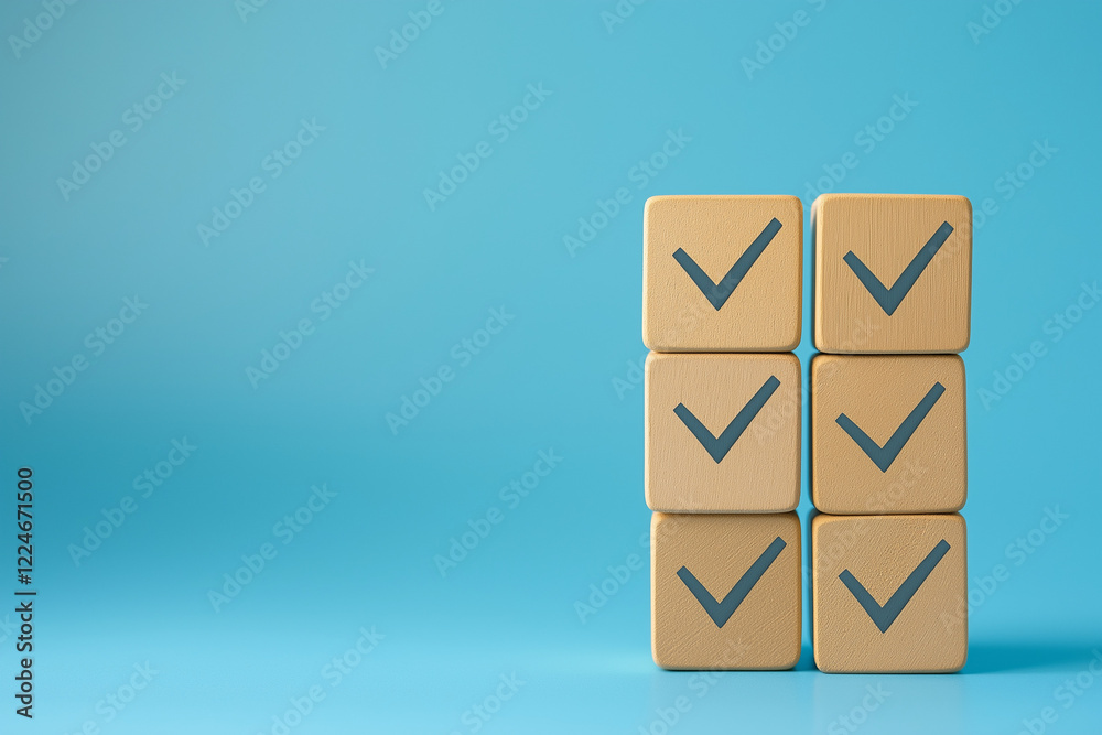 Checklist concept. Correct sign tick check mark on wooden block with ...