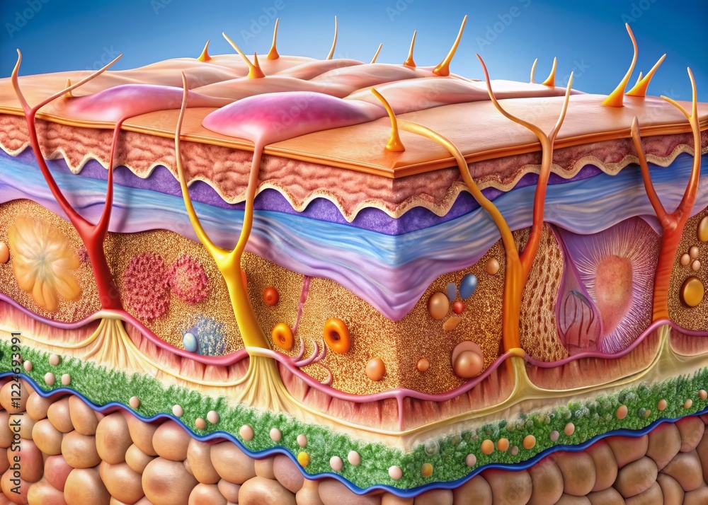 Human Skin Anatomy: Detailed Diagram of Epidermis, Dermis, & Hypodermis Layers with Collagen ...