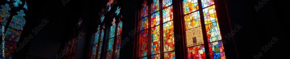 Stained glass windows filter moonlight into the darkened church ...