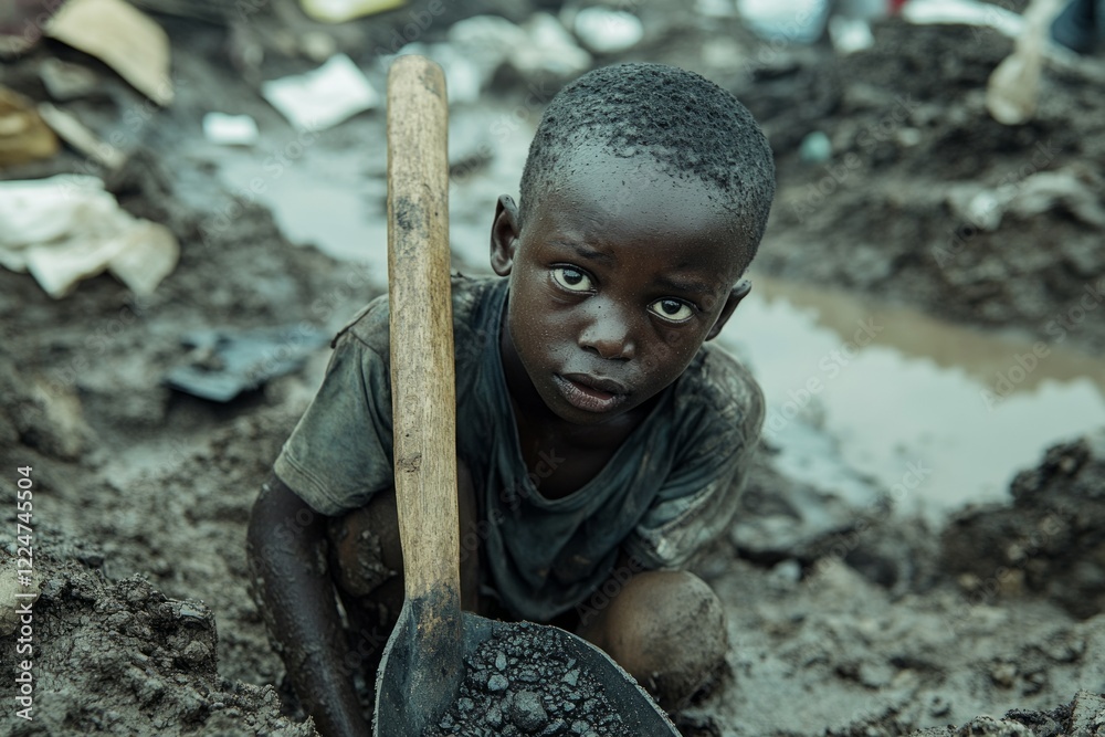 An African boy holds a shovel and looks tired, surrounded by dirty soil ...