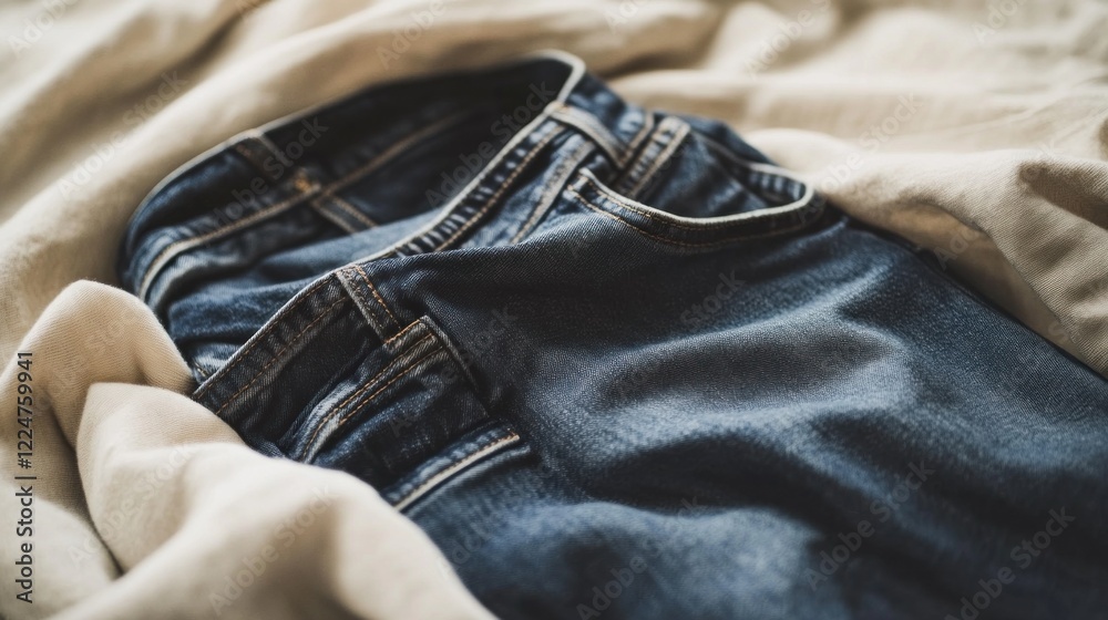 Folded denim jeans resting on a light-colored fabric surface creating ...