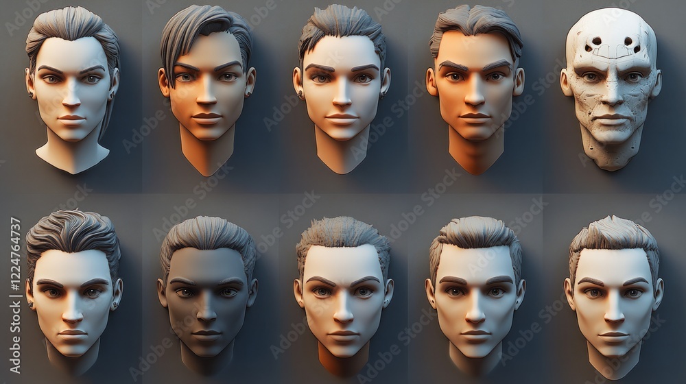 Human face shapes, set of 3d faces of different shapes for the game ...