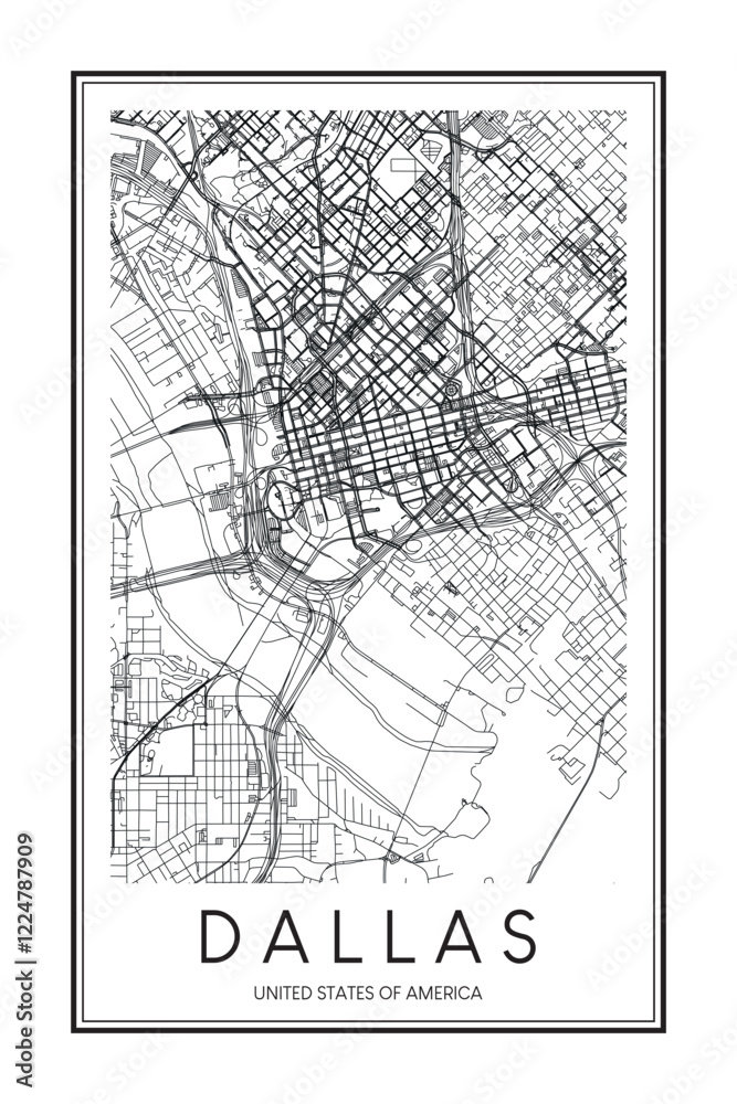 Printable downtown road map poster of the USA city of DALLAS on solid ...