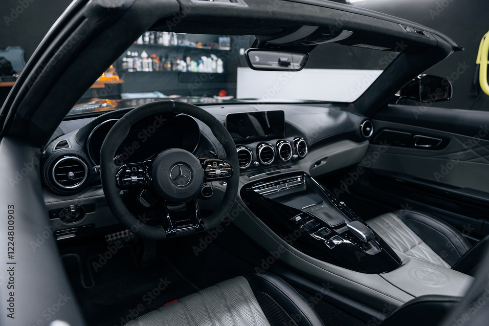 Interior of a Mercedes-AMG GT C Roadster featuring a black leather ...