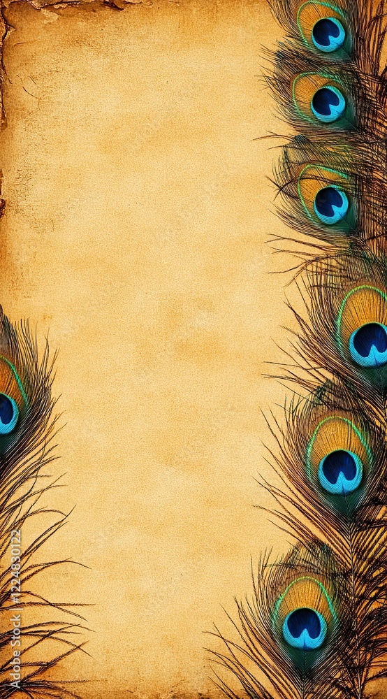 The background is an old parchment paper with peacock feathers on the ...