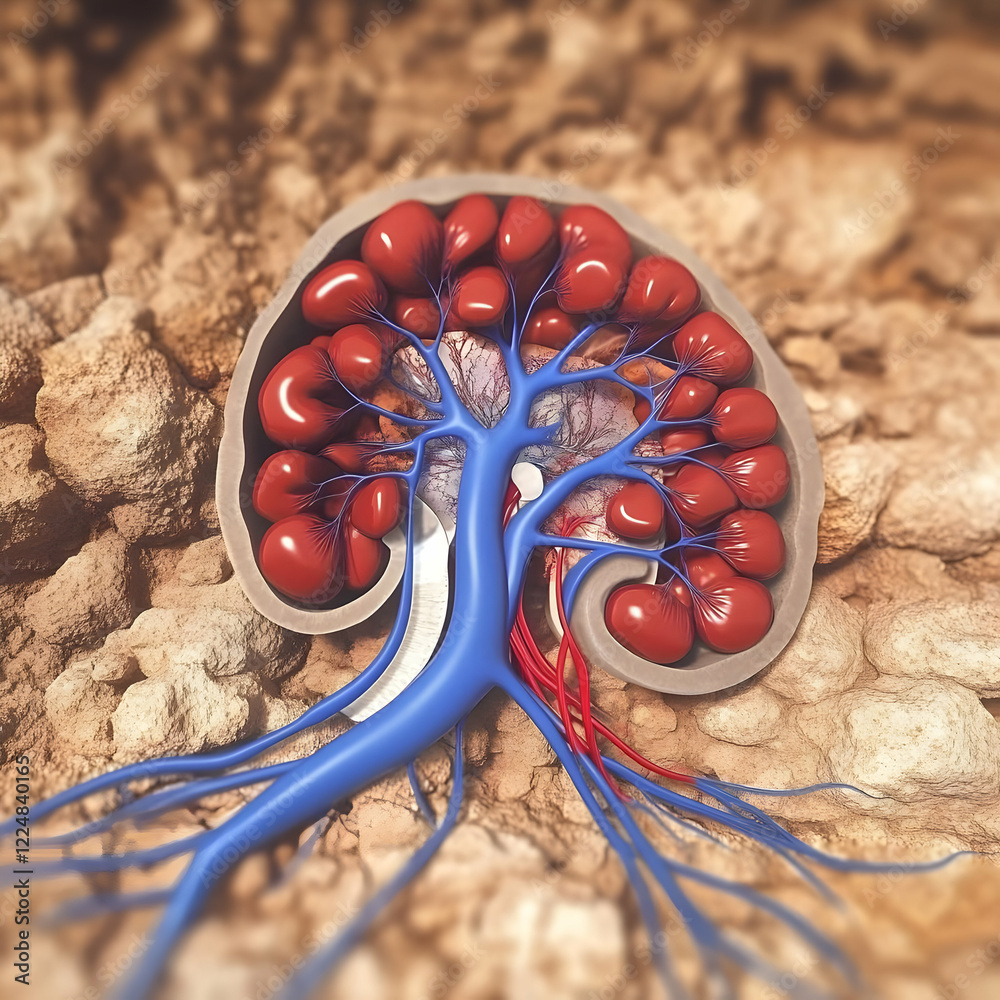 3D Illustration Shows the Nephron's Internal Structure with Red ...