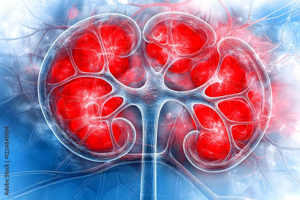 Human Kidney Illustration Shows Internal Structure with Red Nephrons ...