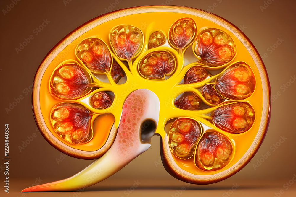 Cross-Section of a Kidney Showing Internal Structures and Nephrons ...