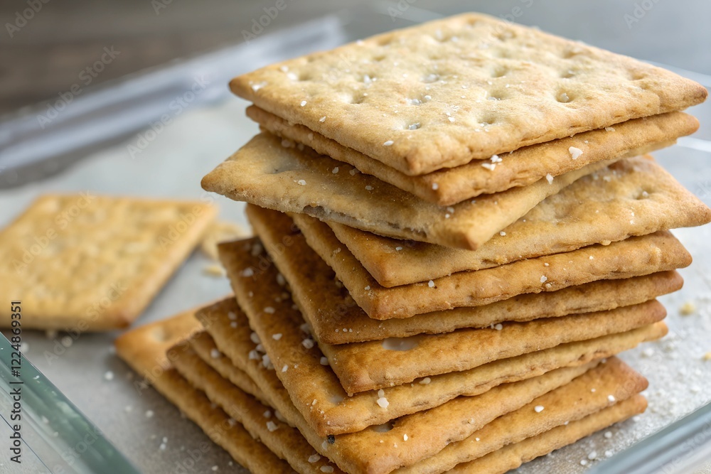 stacked pile of crispy saltine crackers and round cracker cookies on ...
