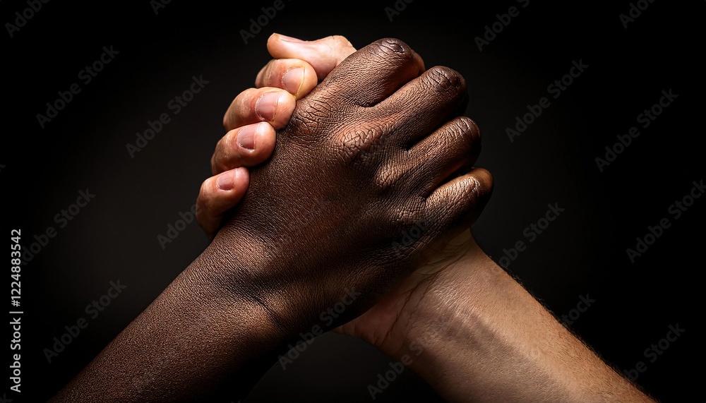 two human hands clasped together in a strong grip, symbolizing unity ...