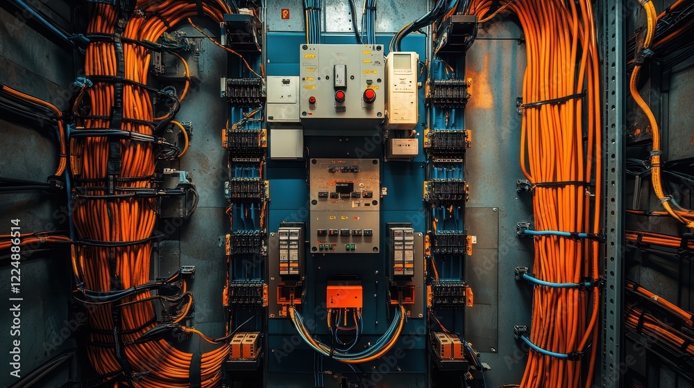 Complex electrical panel with abundant wiring. Illustrates industrial ...