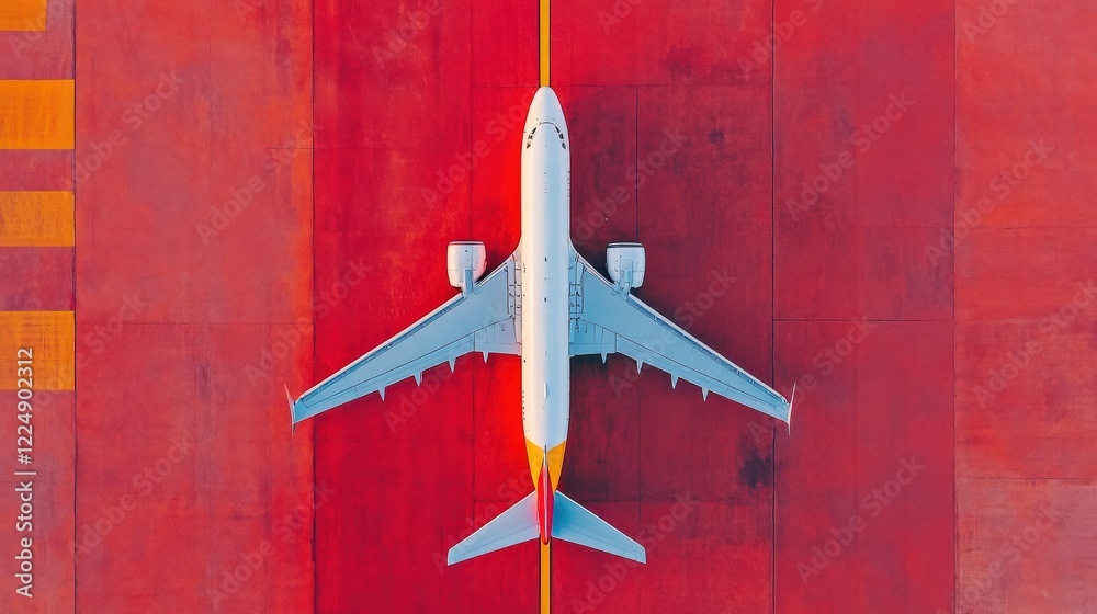 Aerial view of a commercial airplane on a vibrant runway with colorful ...