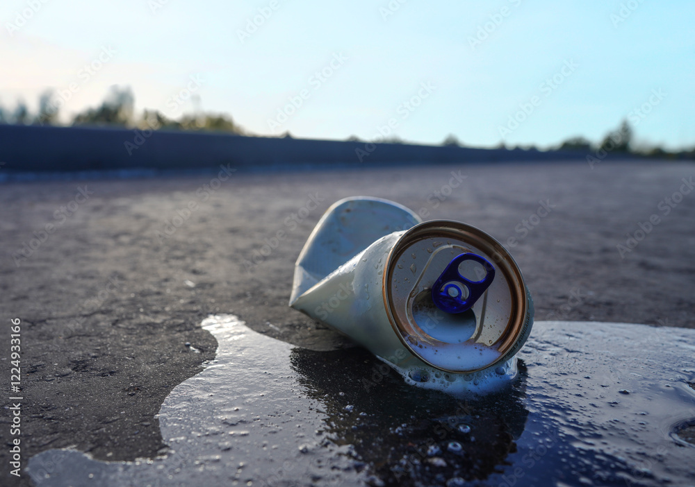 Crumpled beer can on asphalt with spilled alcohol. Discarded broken ...