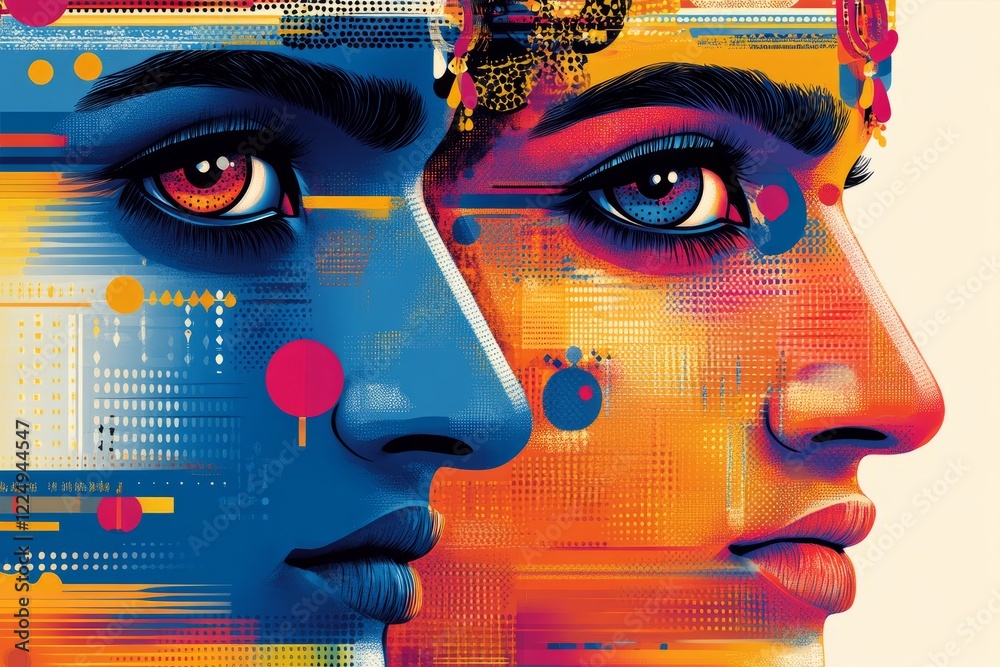 Vibrant digital portrait of two faces, merging cultures and technology ...