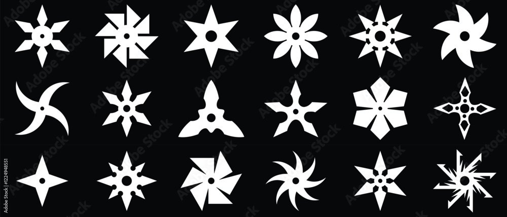 Set of ninja shuriken stars icons, Ninja Throwing Star Silhouettes. set ...