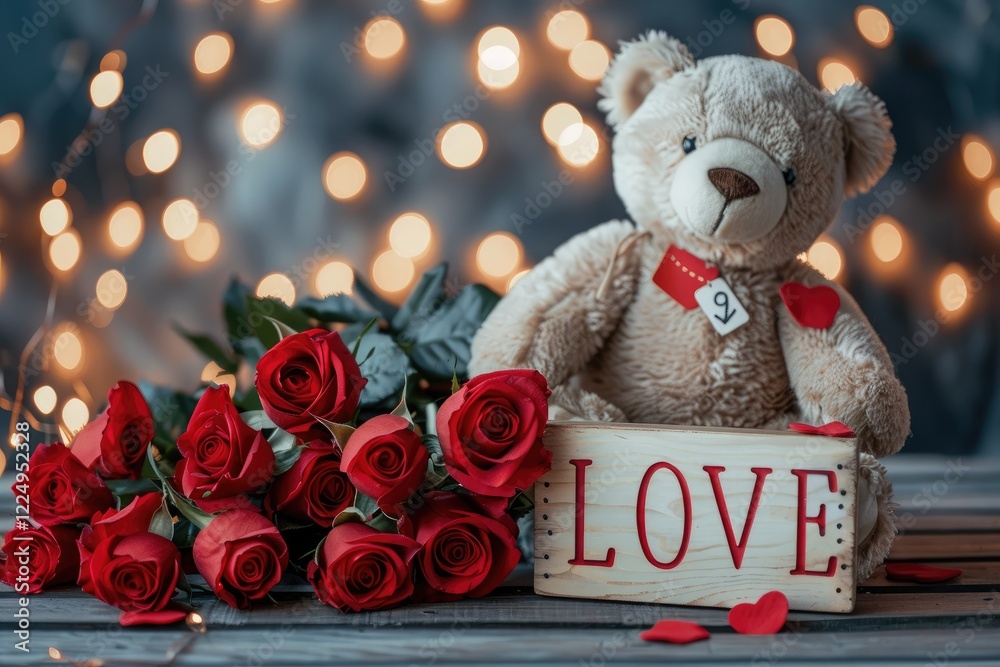 Teddy bear, red roses, declaration of love. Romantic atmosphere on ...