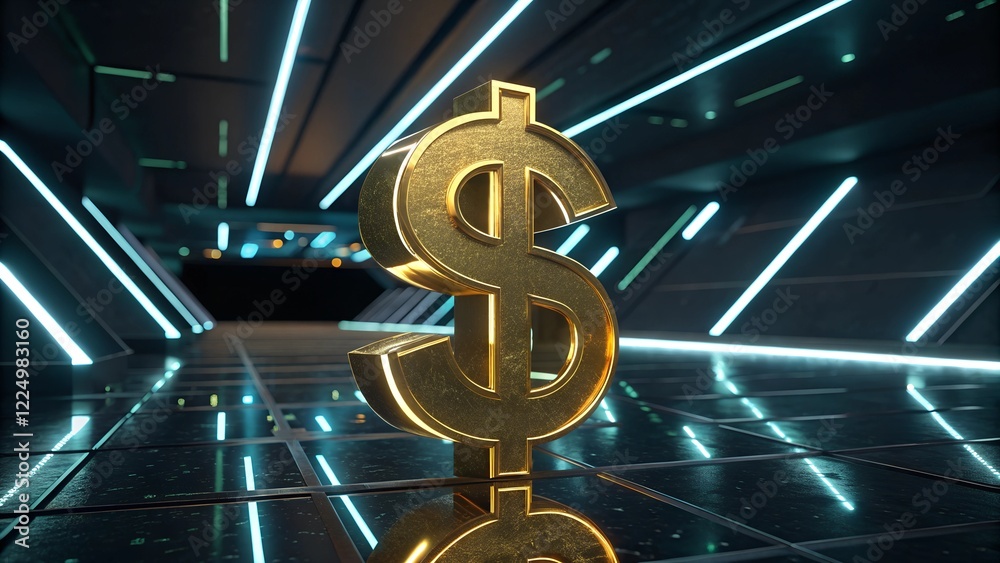 This is a digitally rendered image featuring a prominent golden dollar ...