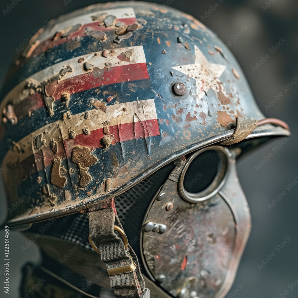 Worn American helmet with weathered flags and battle scars, showcasing ...