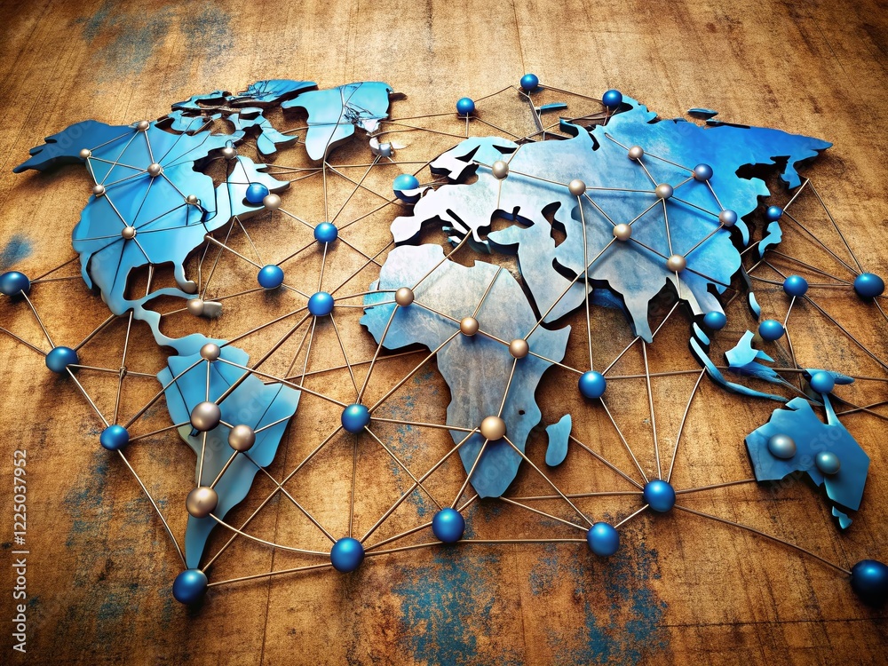 Vintage Metallic Global Network: 3D World Map with Blue Connections ...