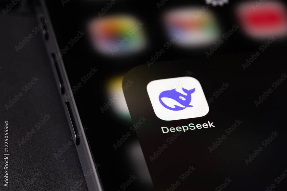 DeepSeek mobile icon app on a screen smartphone iPhone. DeepSeek is a Chinese artificial ...