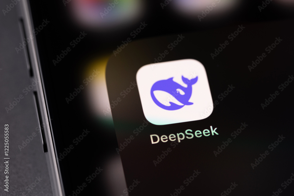Stockfoto DeepSeek mobile icon app on a screen smartphone iPhone. DeepSeek is a Chinese ...