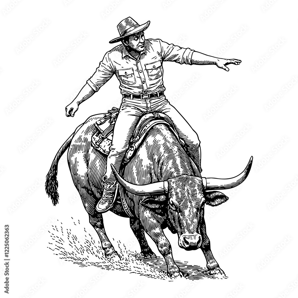 Vector de Stock Cowboy Riding Bull in Rodeo Event Black and White ...