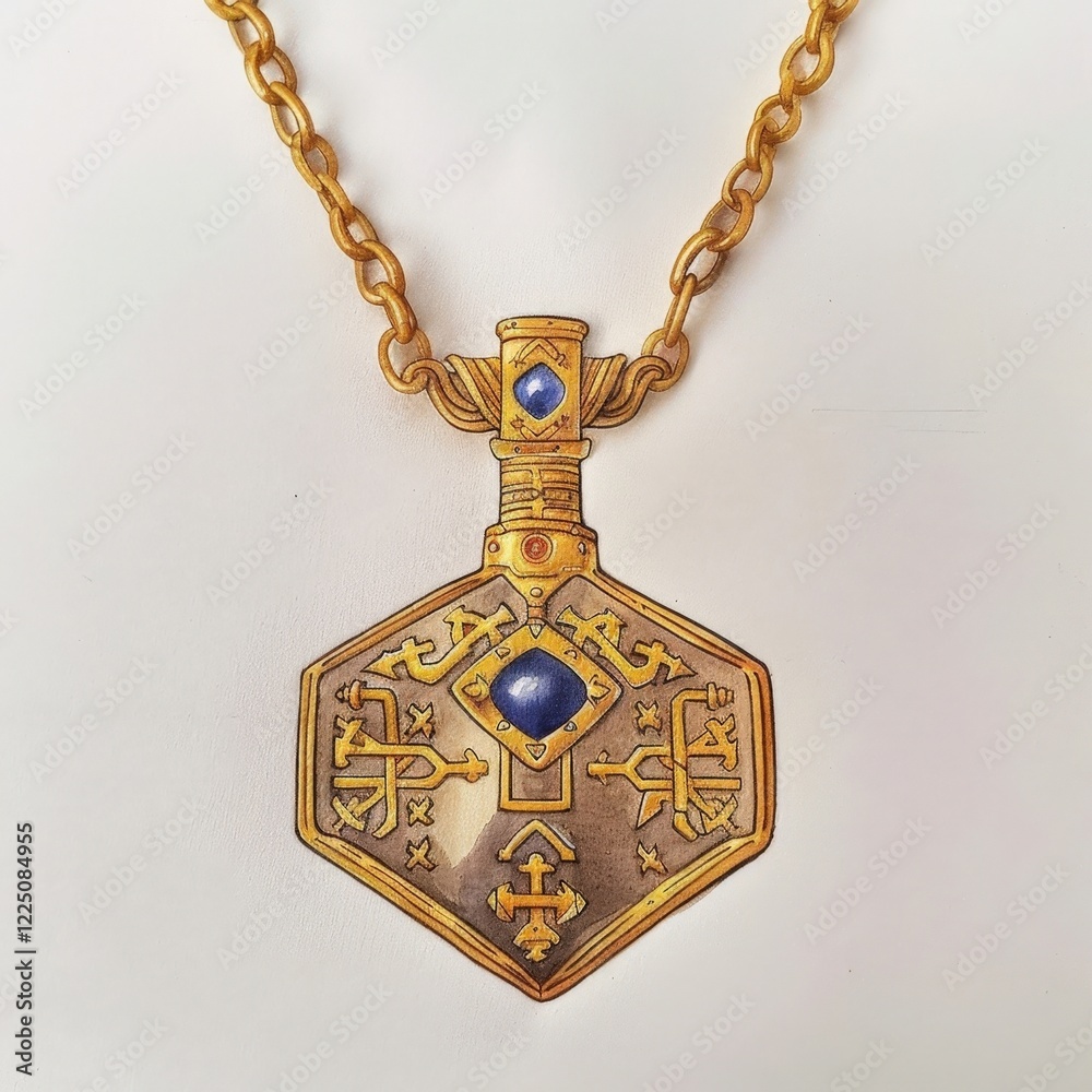 Gold-plated Shield Pendant with Blue Stone Center on white background ...