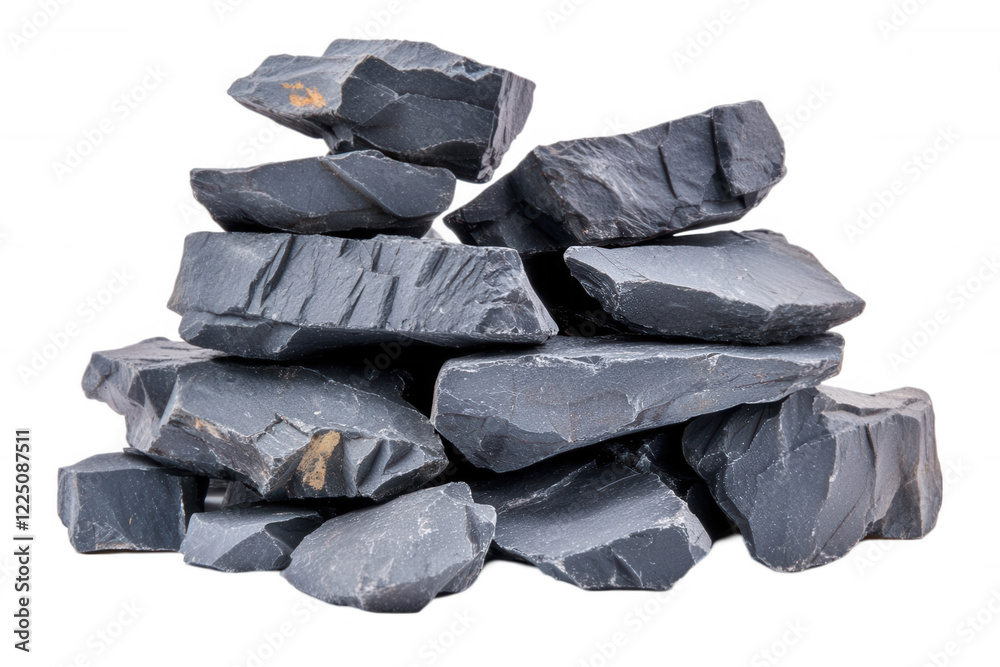 Collection of dark volcanic rocks arranged in a stacked formation on a ...