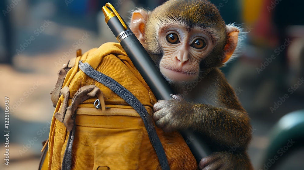 Cute monkey holding a big pen in his school bag Stock Photo | Adobe Stock