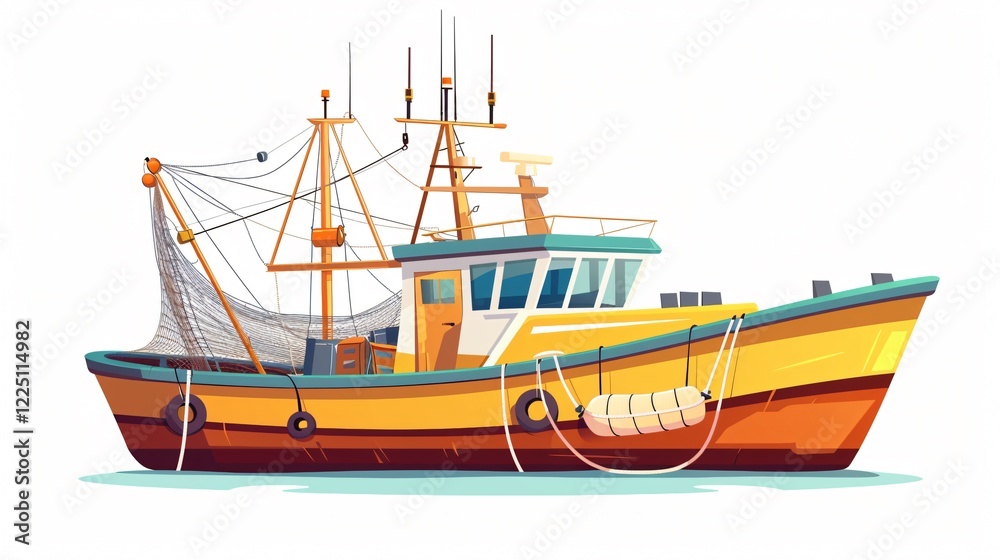 Cartoon Trawler Boat with Fishing Net Icon - Marine Vessel Illustration ...