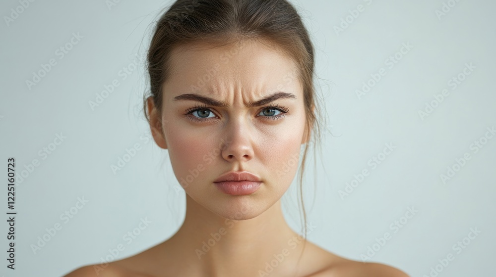 Serious expression of a beautiful young woman with fair skin and blue ...