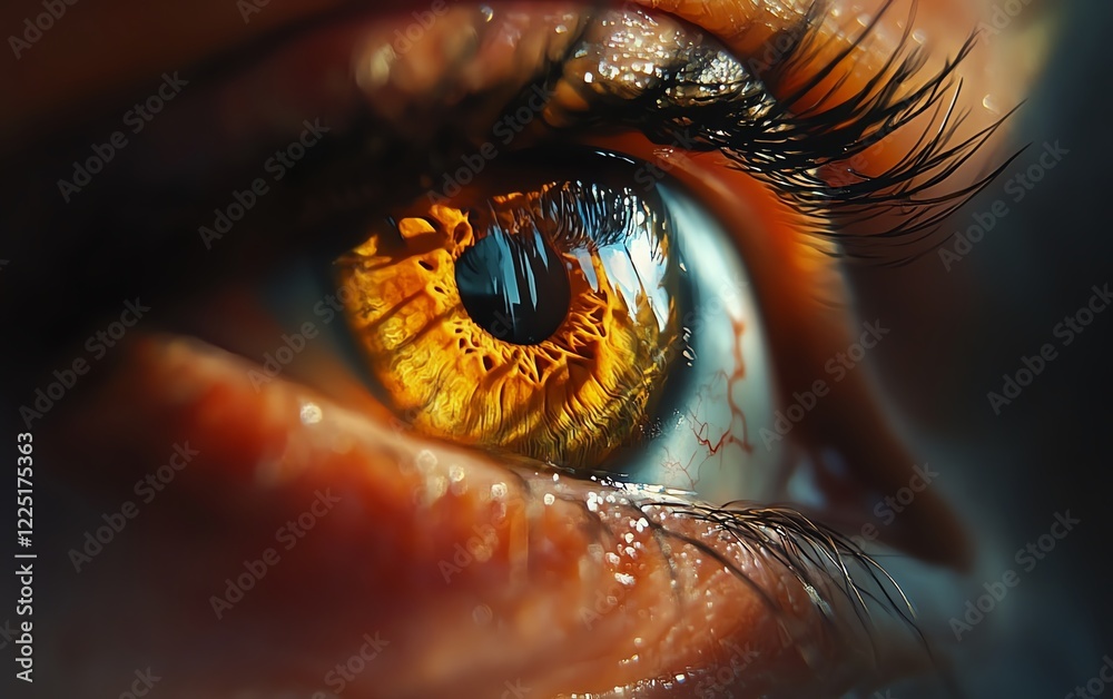 Close-up of a human eye with amber iris, long eyelashes, and visible ...