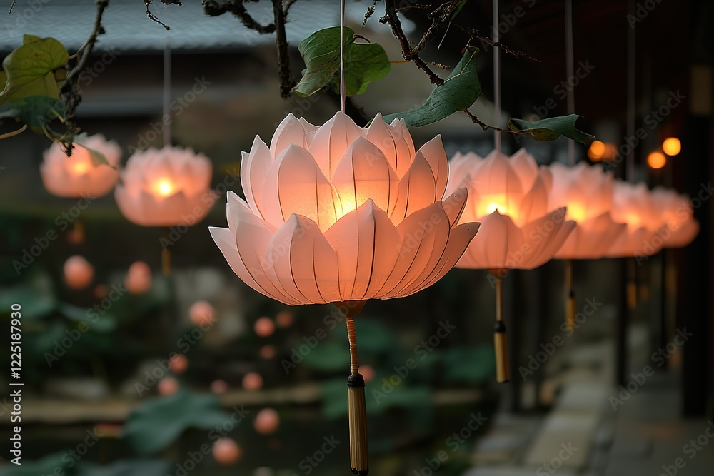 Illuminated lotus flower lanterns hang from a tree branch creating a ...
