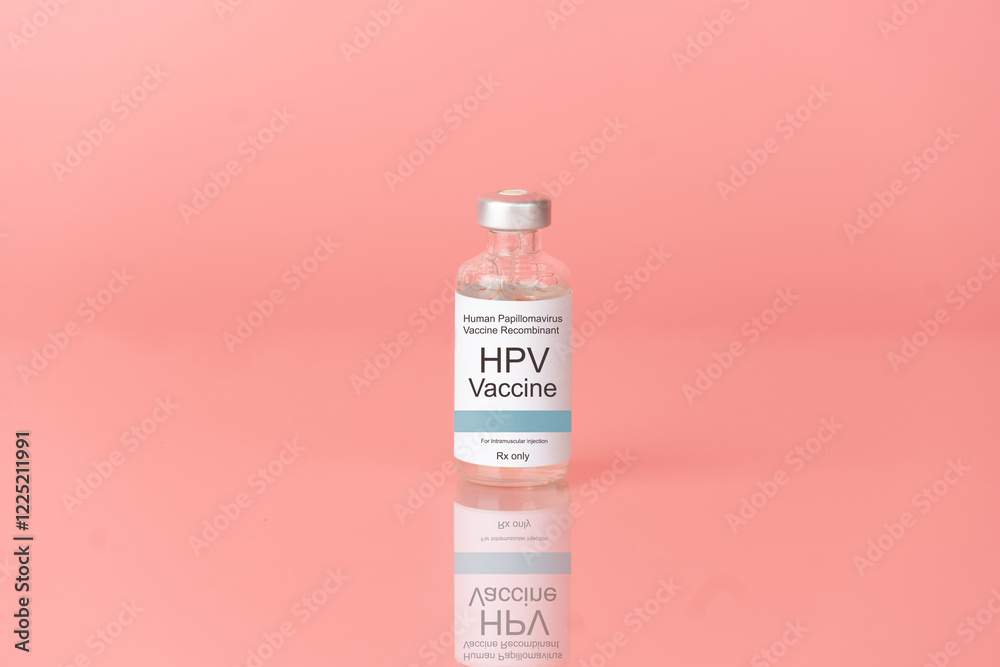Human papillomavirus (HPV) vaccine bottle on pink background. HPV ...