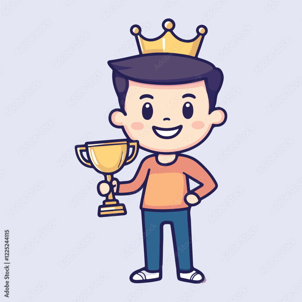 happy cute cartoon boy win gold trophy vector illustration Stock Vector ...