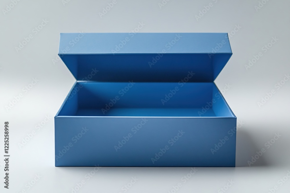 Open blue box on light background showing interior in a studio setting ...