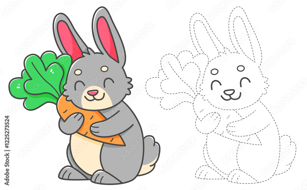 Trace and color coloring book with rabbit with carrot for kids ...